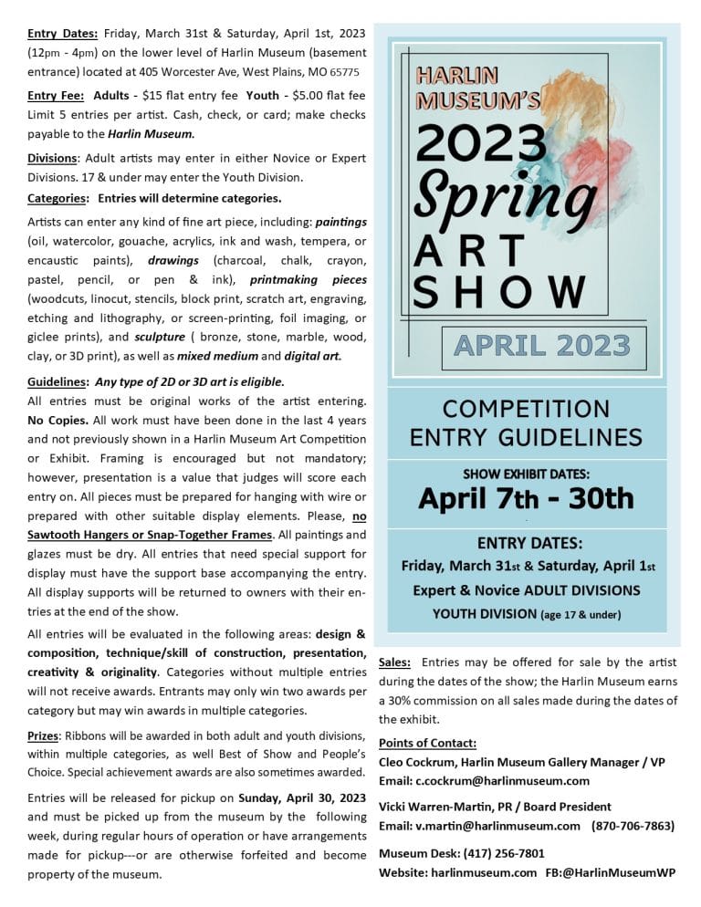 ENTRY DATES: Harlin Museum’s 2023 Spring Art Show Competition